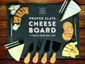 slate cheese board - 7 pc serving tray set 16"x12" large - stainless steel handles - soapstone chalk - 4 cheese knives - foam protective feet by proper goods