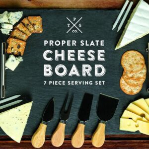 Slate Cheese Board - 7 pc Serving Tray Set 16"x12" Large - Stainless Steel Handles - Soapstone Chalk - 4 Cheese Knives - Foam Protective Feet by Proper Goods