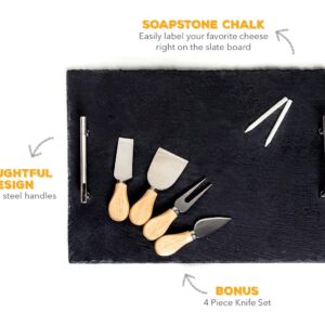 Slate Cheese Board - 7 pc Serving Tray Set 16"x12" Large - Stainless Steel Handles - Soapstone Chalk - 4 Cheese Knives - Foam Protective Feet by Proper Goods