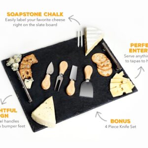 Slate Cheese Board - 7 pc Serving Tray Set 16"x12" Large - Stainless Steel Handles - Soapstone Chalk - 4 Cheese Knives - Foam Protective Feet by Proper Goods