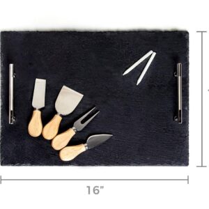 Slate Cheese Board - 7 pc Serving Tray Set 16"x12" Large - Stainless Steel Handles - Soapstone Chalk - 4 Cheese Knives - Foam Protective Feet by Proper Goods