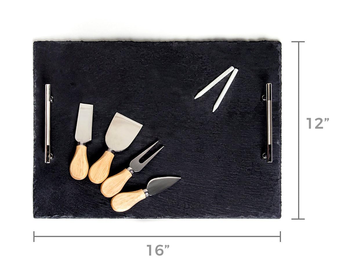 Slate Cheese Board - 7 pc Serving Tray Set 16"x12" Large - Stainless Steel Handles - Soapstone Chalk - 4 Cheese Knives - Foam Protective Feet by Proper Goods