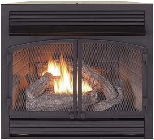 duluth forge dual fuel ventless gas fireplace insert, thermostat control, 6 fire logs, use with natural gas or liquid propane, 32000 btu, heats up to 1500 sq. ft., black