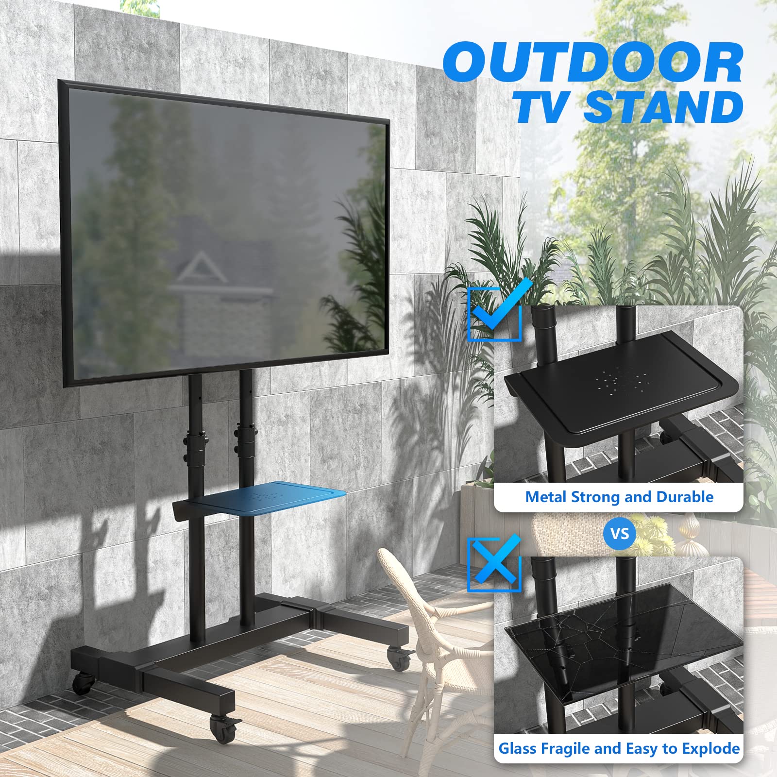 Rfiver Mobile TV Stand Rolling Cart with Tilt Mount/Locking Wheels for 40-83 Inch Flat Screen/Curved TVs up to 110lbs, Portable Floor Stand with Laptop Shelf, Height Adjustable, Extra Tall