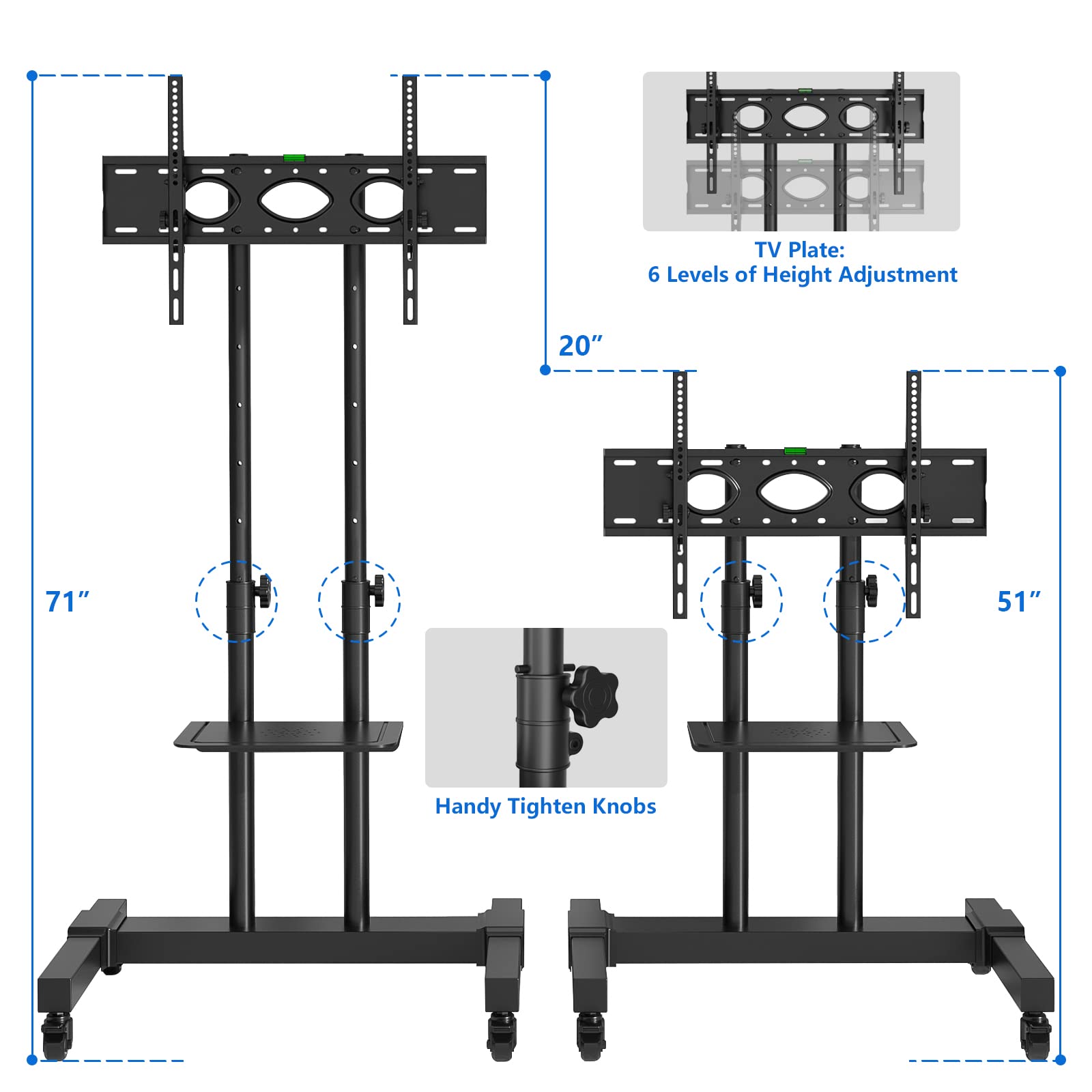 Rfiver Mobile TV Stand Rolling Cart with Tilt Mount/Locking Wheels for 40-83 Inch Flat Screen/Curved TVs up to 110lbs, Portable Floor Stand with Laptop Shelf, Height Adjustable, Extra Tall