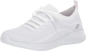 skechers womens ultra flex salutations sneaker, white/silver, 7.5 us