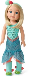 american girl welliewishers 14.5-inch camille doll with blue leotard, mermaid skirt, headband, and boots, for ages 4+