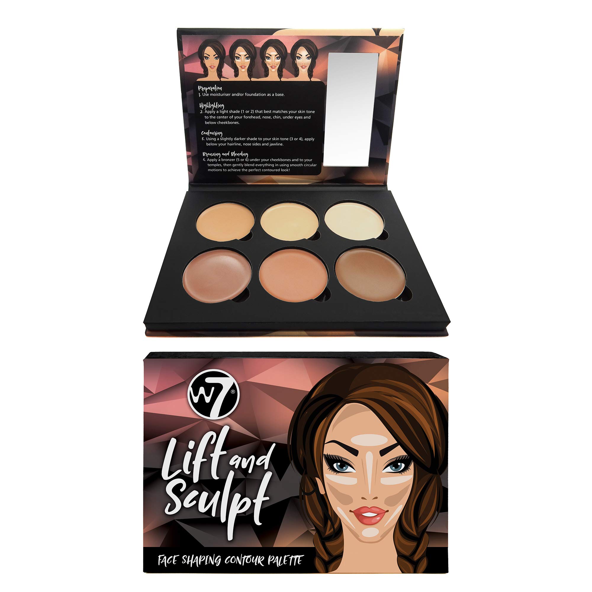 W7 Lift & Sculpt Cream Contour Kit - Concealing, Highlighting & Contouring Makeup Palette - Step-by-Step Instructions Included