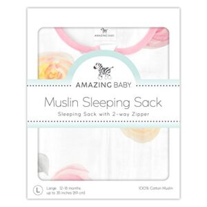 Amazing Baby Cotton Muslin Sleeping Sack, For Baby Girl, Wearable Blanket with 2-way Zipper, Watercolor Roses, Pink, Medium (6-12 Month)