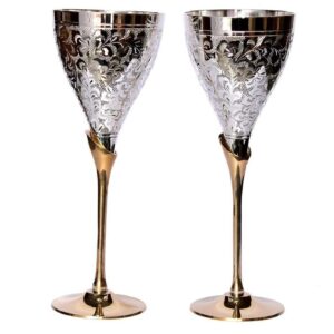 Tuzech Wine Champagne Whisky Glasses - Pure Handmade Silver Plated Engraved Premium Goblet | Champagne Flutes Coupes | Party Glass Dining Set Cutlery, Business Gift – (10 OZ 2 piece)