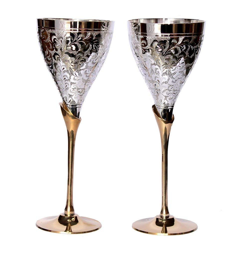 Tuzech Wine Champagne Whisky Glasses - Pure Handmade Silver Plated Engraved Premium Goblet | Champagne Flutes Coupes | Party Glass Dining Set Cutlery, Business Gift – (10 OZ 2 piece)