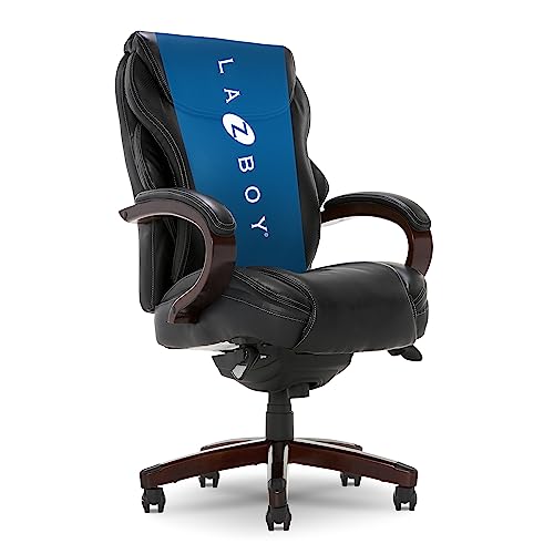 La-Z-Boy Hyland Executive Office Chair with AIR Technology, Adjustable High Back Ergonomic Lumbar Support, Bonded Leather, Mahogany Wood Finish/Black