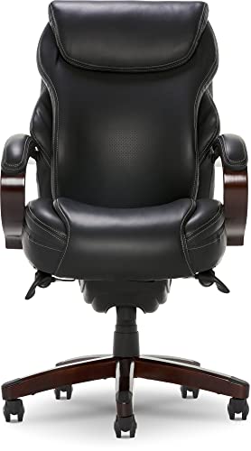 La-Z-Boy Hyland Executive Office Chair with AIR Technology, Adjustable High Back Ergonomic Lumbar Support, Bonded Leather, Mahogany Wood Finish/Black