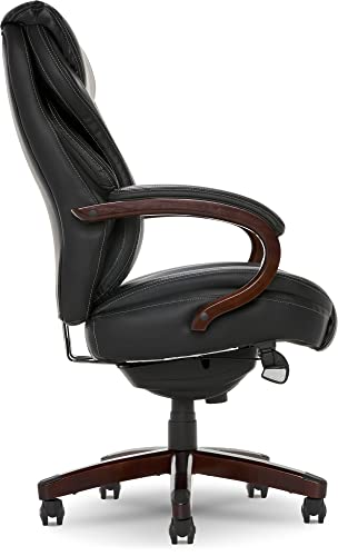 La-Z-Boy Hyland Executive Office Chair with AIR Technology, Adjustable High Back Ergonomic Lumbar Support, Bonded Leather, Mahogany Wood Finish/Black