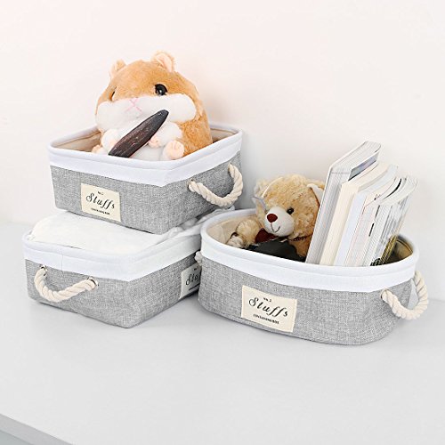 uxcell Storage Baskets with Cotton Handles Foldable Storage Bins Laundry Clothes Towel Box Organizer W Drawstring Closure for Home Shelves Closet Gray 14.6" x 10.2" x 4.7"