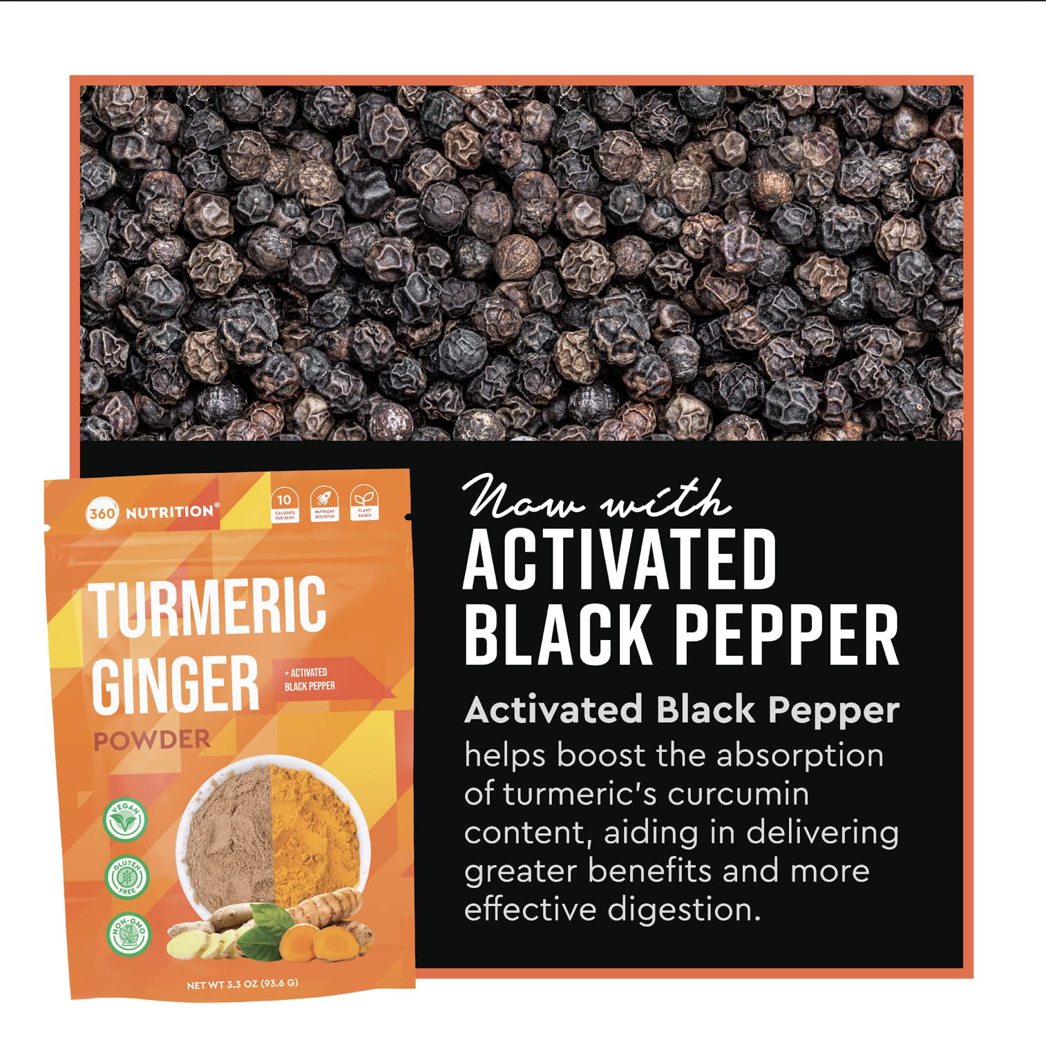 360 Nutrition Turmeric Supplement with Ginger Root Powder, Vegan Turmeric Curcumin with Black Pepper for Joint Support, Gut Health & Digestion, Keto Friendly, Caffeine Free, 3.3 oz, 31 Servings