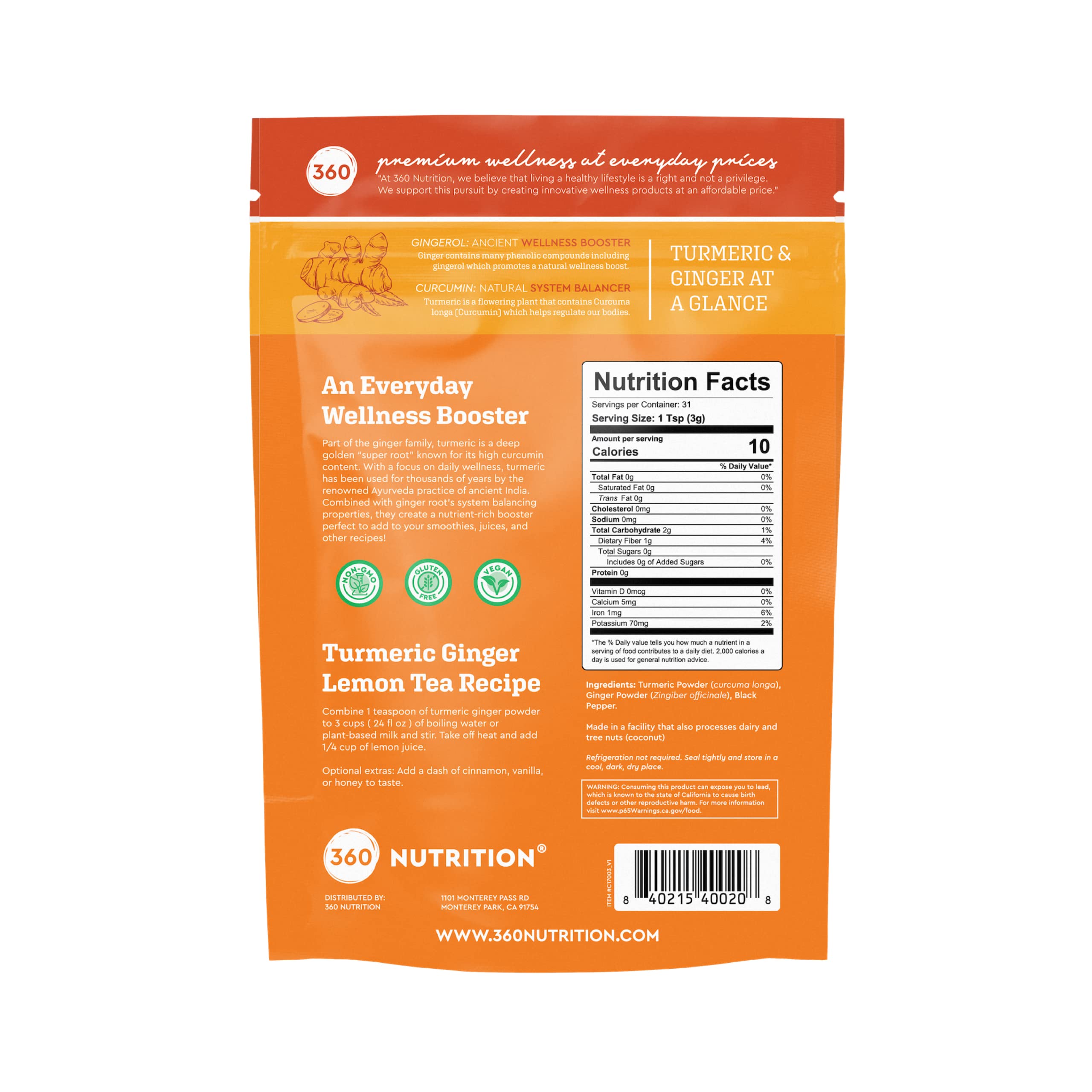 360 Nutrition Turmeric Supplement with Ginger Root Powder, Vegan Turmeric Curcumin with Black Pepper for Joint Support, Gut Health & Digestion, Keto Friendly, Caffeine Free, 3.3 oz, 31 Servings