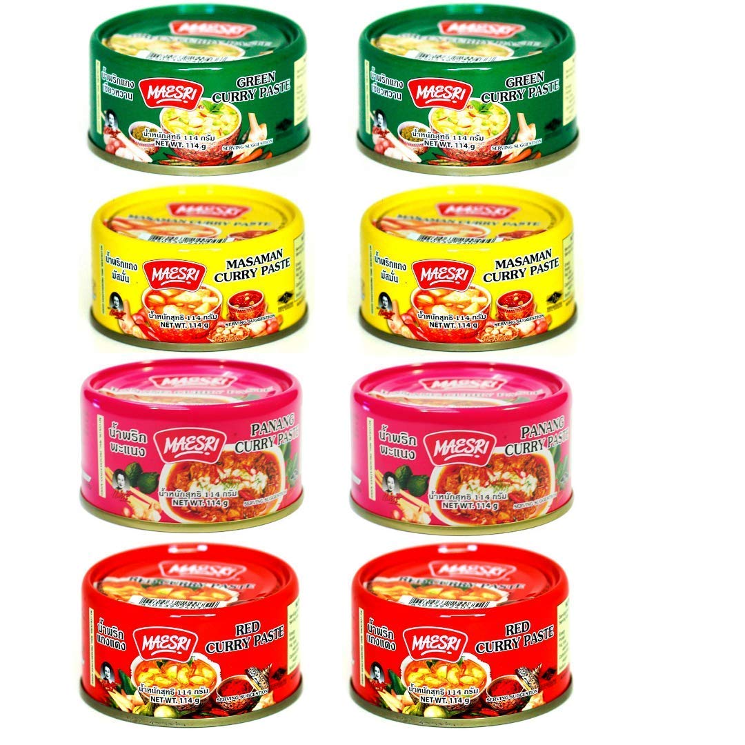 Maesri Variety Curry Paste 8pk (2) Green, (2) Red, (2) Masaman, & (2) Panang Curry Sauce (Pack of 8)