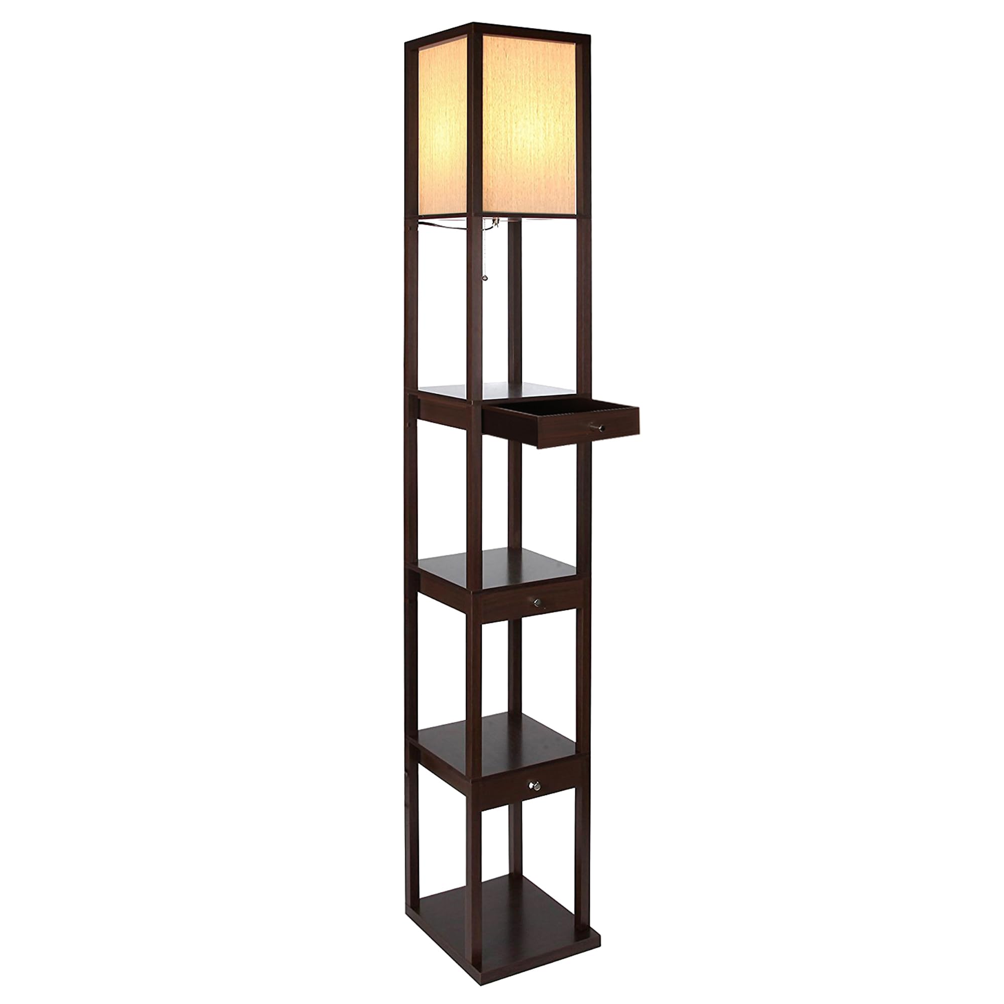 Brightech Maxwell Drawer Edition - Modern Shelf Floor Lamp with Drawer - Corner Display Floor Lamps with Shelves for Living Room, Bedroom and Office - Havana Brown