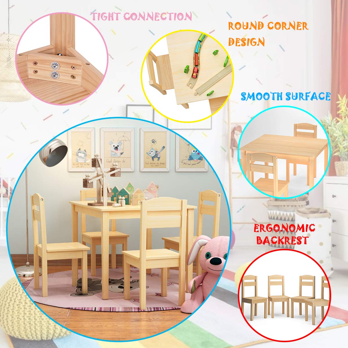 Costzon Kids Table and Chair Set, 5 Piece Wood Activity Table & Chairs for Children Arts, Crafts, Homework, Snack Time, Preschool Furniture, Gift for Boys Girls, Toddler Table and Chair Set (Natural)