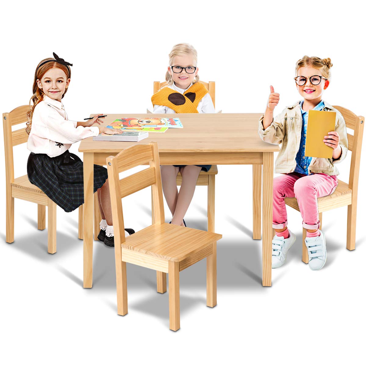 Costzon Kids Table and Chair Set, 5 Piece Wood Activity Table & Chairs for Children Arts, Crafts, Homework, Snack Time, Preschool Furniture, Gift for Boys Girls, Toddler Table and Chair Set (Natural)