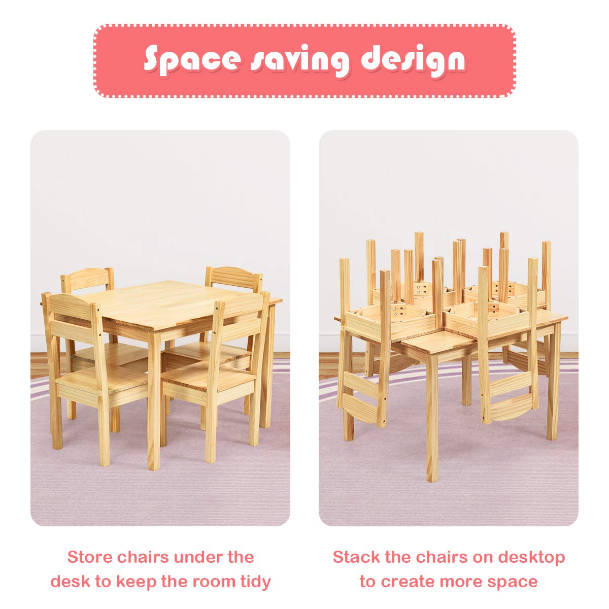 Costzon Kids Table and Chair Set, 5 Piece Wood Activity Table & Chairs for Children Arts, Crafts, Homework, Snack Time, Preschool Furniture, Gift for Boys Girls, Toddler Table and Chair Set (Natural)