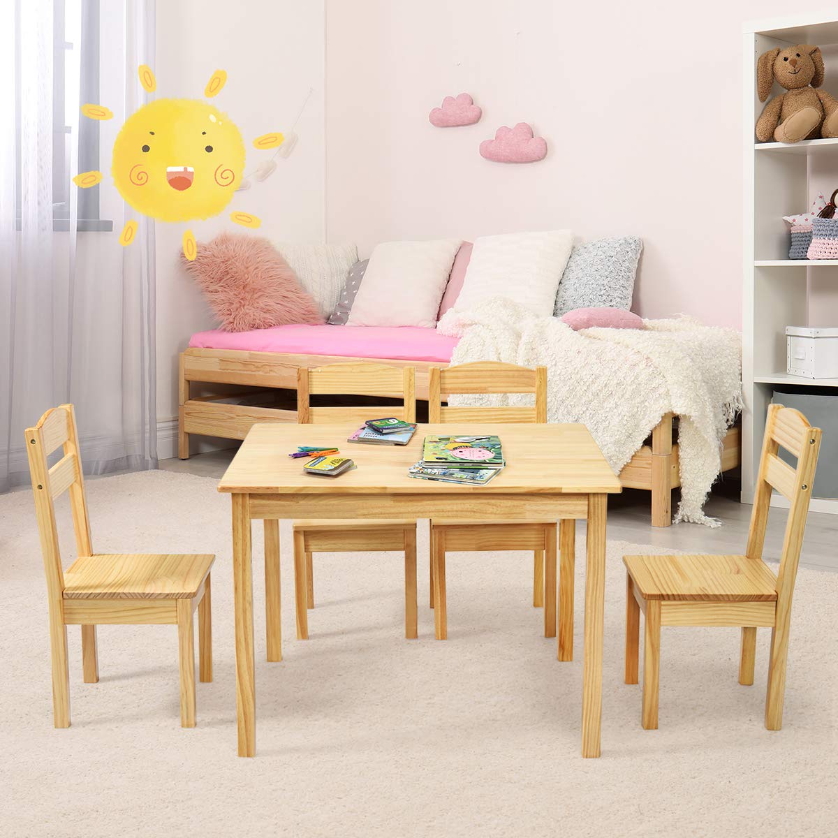 Costzon Kids Table and Chair Set, 5 Piece Wood Activity Table & Chairs for Children Arts, Crafts, Homework, Snack Time, Preschool Furniture, Gift for Boys Girls, Toddler Table and Chair Set (Natural)