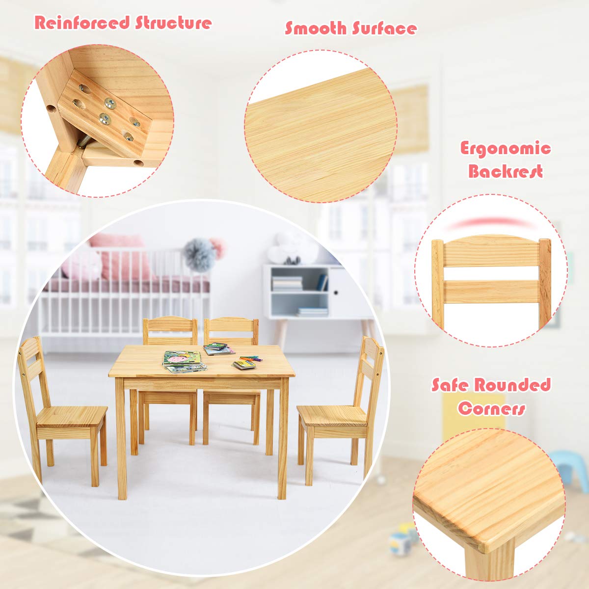 Costzon Kids Table and Chair Set, 5 Piece Wood Activity Table & Chairs for Children Arts, Crafts, Homework, Snack Time, Preschool Furniture, Gift for Boys Girls, Toddler Table and Chair Set (Natural)