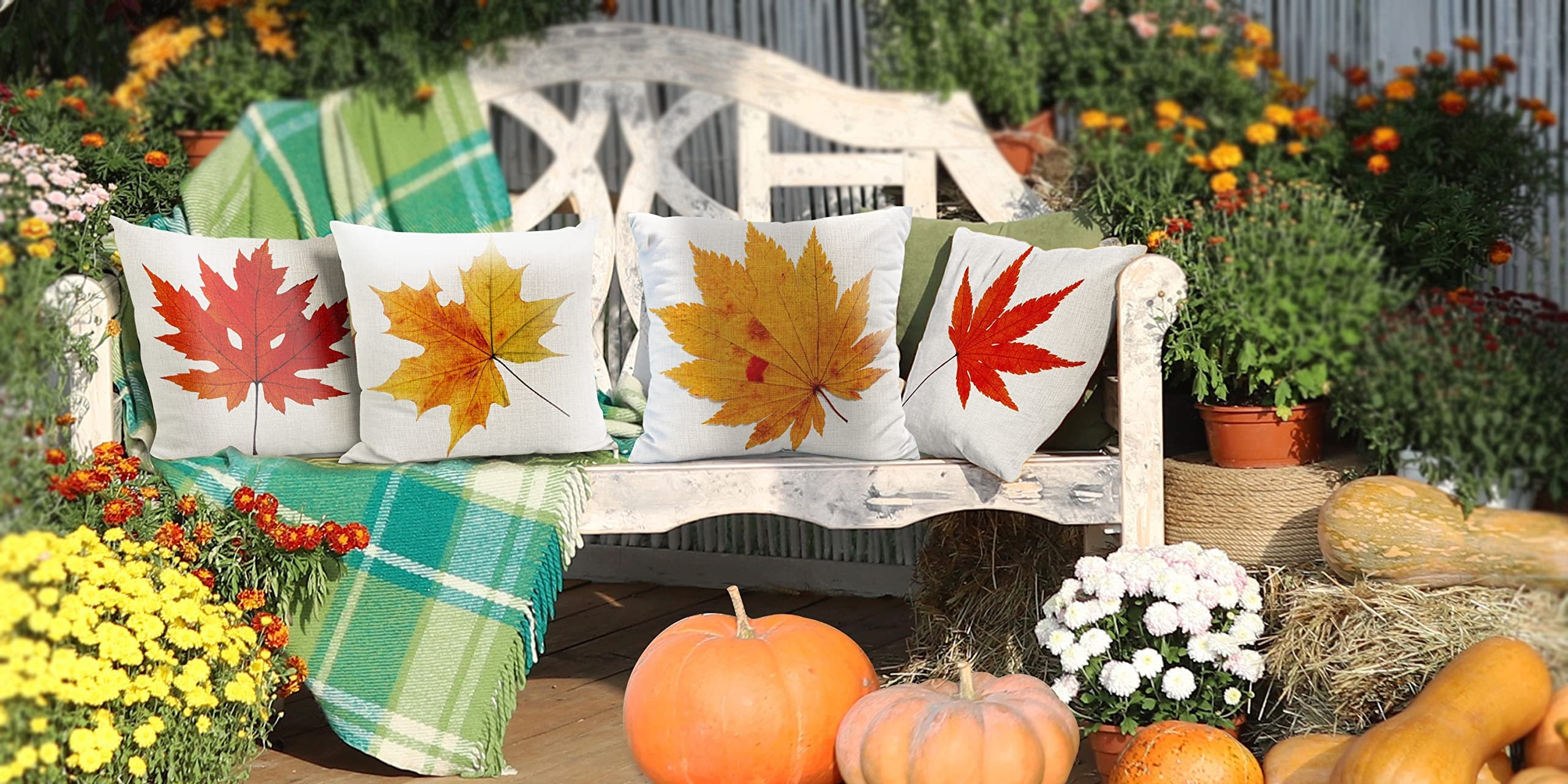 All Smiles Fall Throw Pillow Covers 18x18 Set of 4 Decorative Thanksgiving Autumn Kitchen Home Decor Cushion for Porch Couch,Outside Outdoor Harvest Decorations Maple Leaves