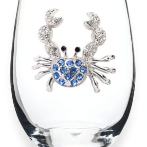 THE QUEENS' JEWELS - Blue Crab Stemless Wine Glass, 21 oz. - Coastal Elegance with Rhinestone Sparkle - Hand-Decorated Glassware - Not Painted - Dazzling and Unique