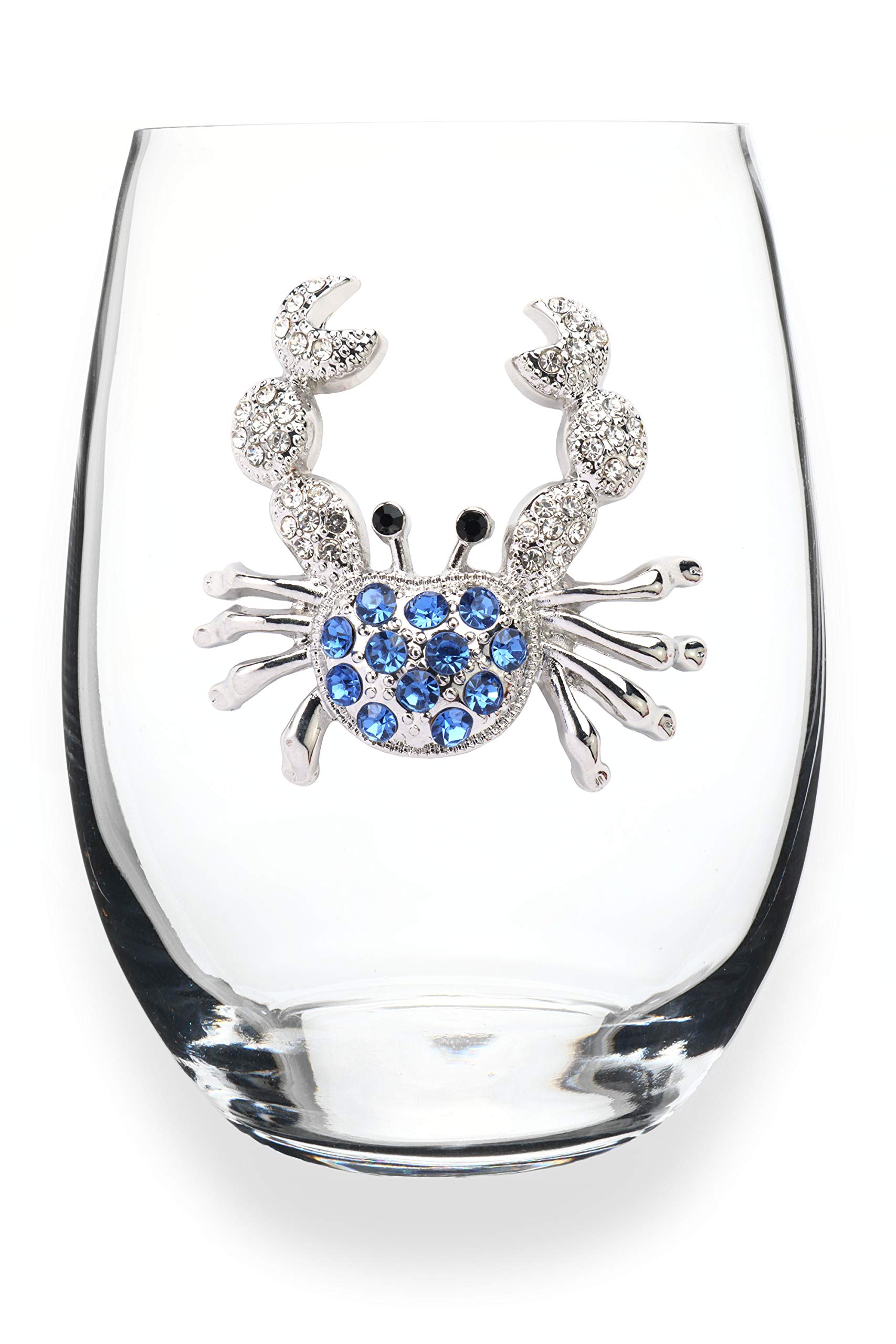 THE QUEENS' JEWELS - Blue Crab Stemless Wine Glass, 21 oz. - Coastal Elegance with Rhinestone Sparkle - Hand-Decorated Glassware - Not Painted - Dazzling and Unique