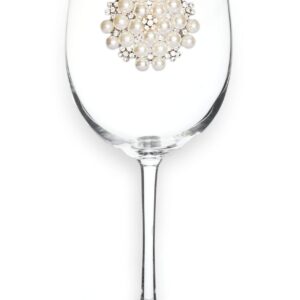 THE QUEENS' JEWELS Round Pearl Jeweled Stemmed Wine Glass, 21 oz. - Unique Gift for Women, Birthday, Cute, Fun, Not Painted, Decorated, Bling, Bedazzled, Rhinestone