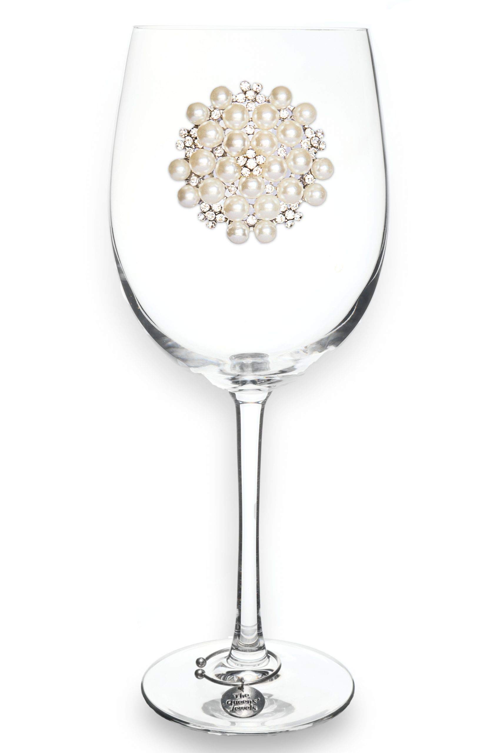 THE QUEENS' JEWELS Round Pearl Jeweled Stemmed Wine Glass, 21 oz. - Unique Gift for Women, Birthday, Cute, Fun, Not Painted, Decorated, Bling, Bedazzled, Rhinestone