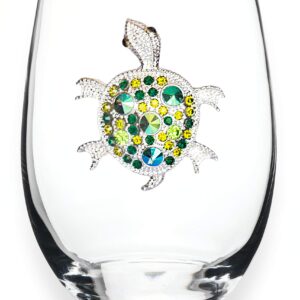 THE QUEENS' JEWELS Turtle Jeweled Stemless Wine Glass, 21 oz. - Colorful and Unique - Hand-Set Rhinestones, Not Painted