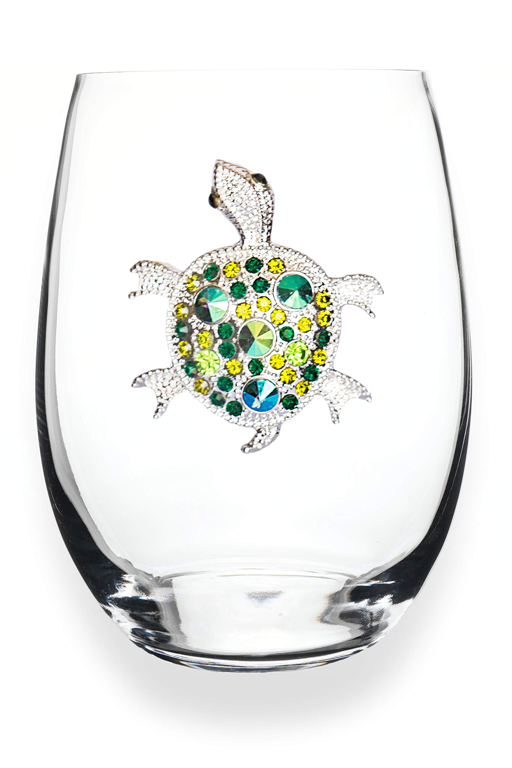 THE QUEENS' JEWELS Turtle Jeweled Stemless Wine Glass, 21 oz. - Colorful and Unique - Hand-Set Rhinestones, Not Painted