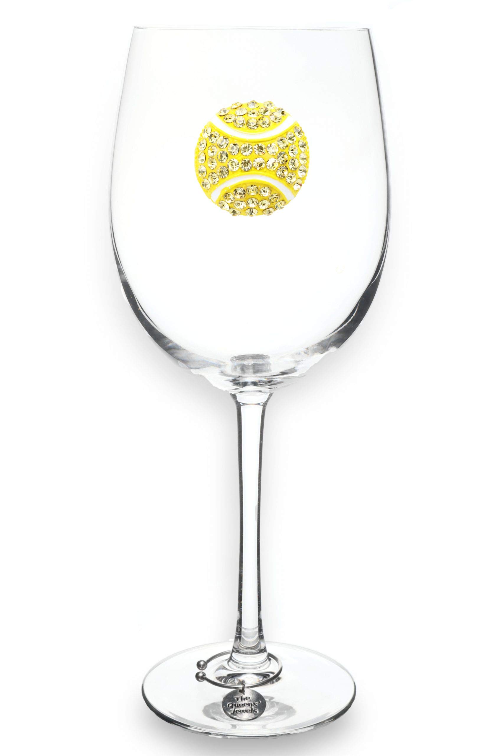 THE QUEENS' JEWELS Tennis Ball Jeweled Stemmed Wine Glass, 21 oz. - Unique Gift for Women, Birthday, Cute, Fun, Not Painted, Decorated, Bling, Bedazzled, Rhinestone