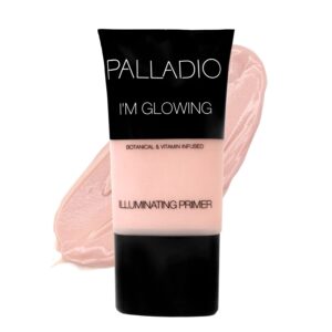 palladio i'm glowing illuminating primer, pearly pink makeup primer for face, contains aloe vera, grape seed oil, green tea, brightens complexion, combats wrinkles, fine lines & pores