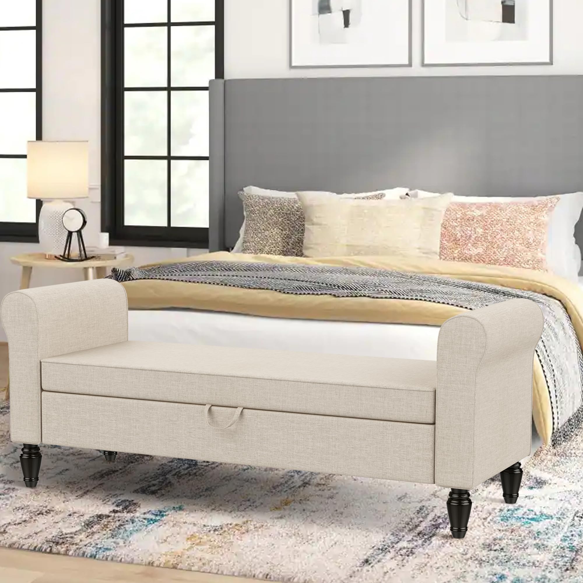 ALISH Modern Storage Bench with Arms, 54“ King Button Tufted Bed Bench Entryway Bench with Storage, Upholstered Bedroom Bench for Living Room Bedroom Light Beige