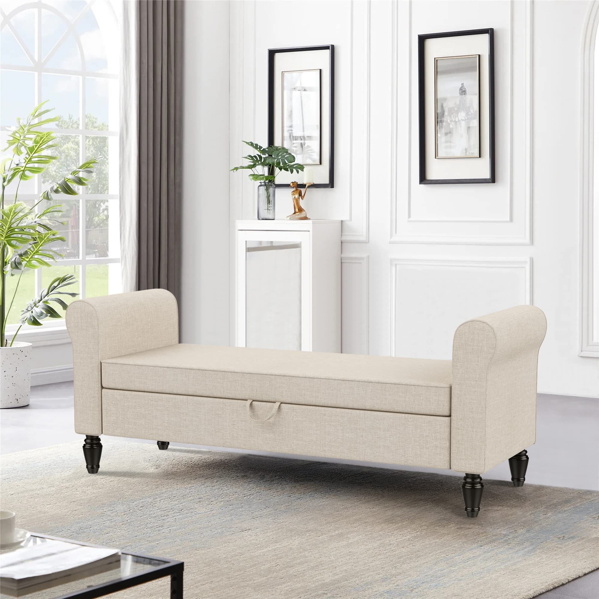 ALISH Modern Storage Bench with Arms, 54“ King Button Tufted Bed Bench Entryway Bench with Storage, Upholstered Bedroom Bench for Living Room Bedroom Light Beige