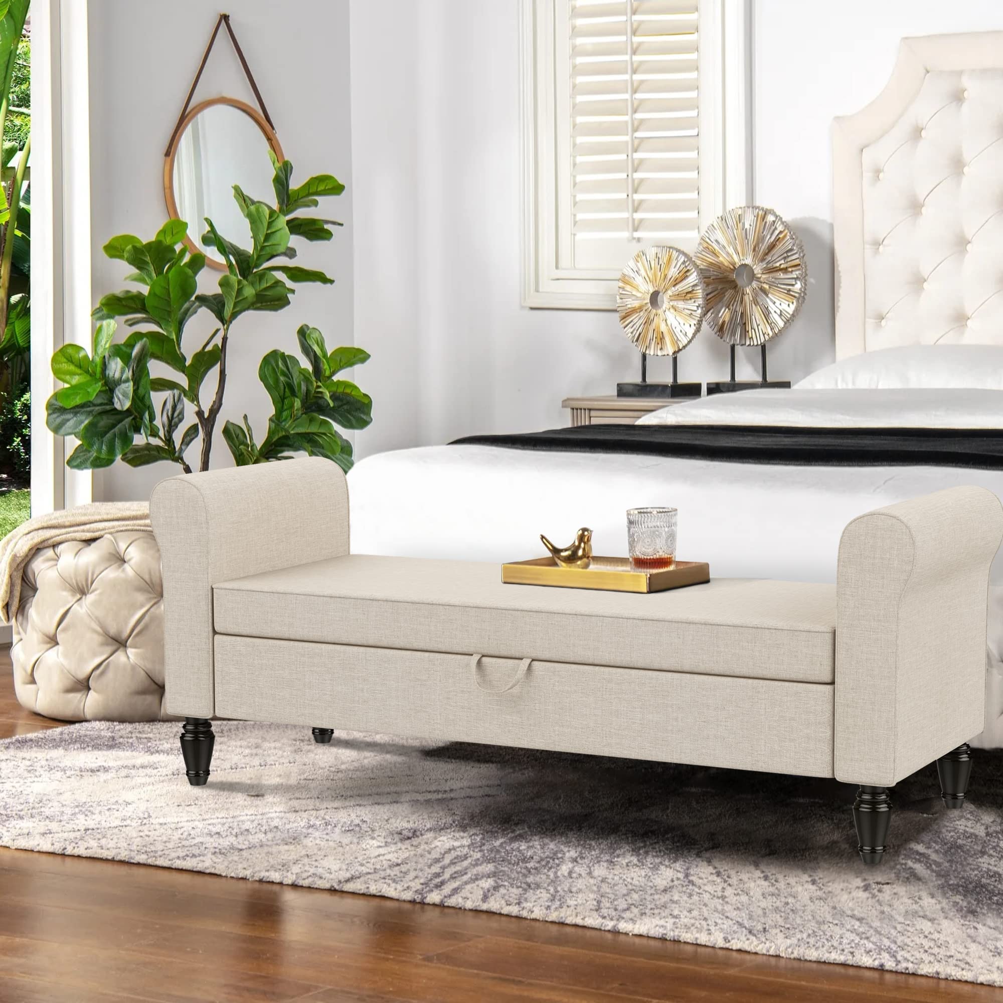 ALISH Modern Storage Bench with Arms, 54“ King Button Tufted Bed Bench Entryway Bench with Storage, Upholstered Bedroom Bench for Living Room Bedroom Light Beige