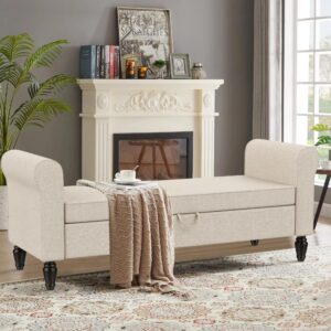 ALISH Modern Storage Bench with Arms, 54“ King Button Tufted Bed Bench Entryway Bench with Storage, Upholstered Bedroom Bench for Living Room Bedroom Light Beige