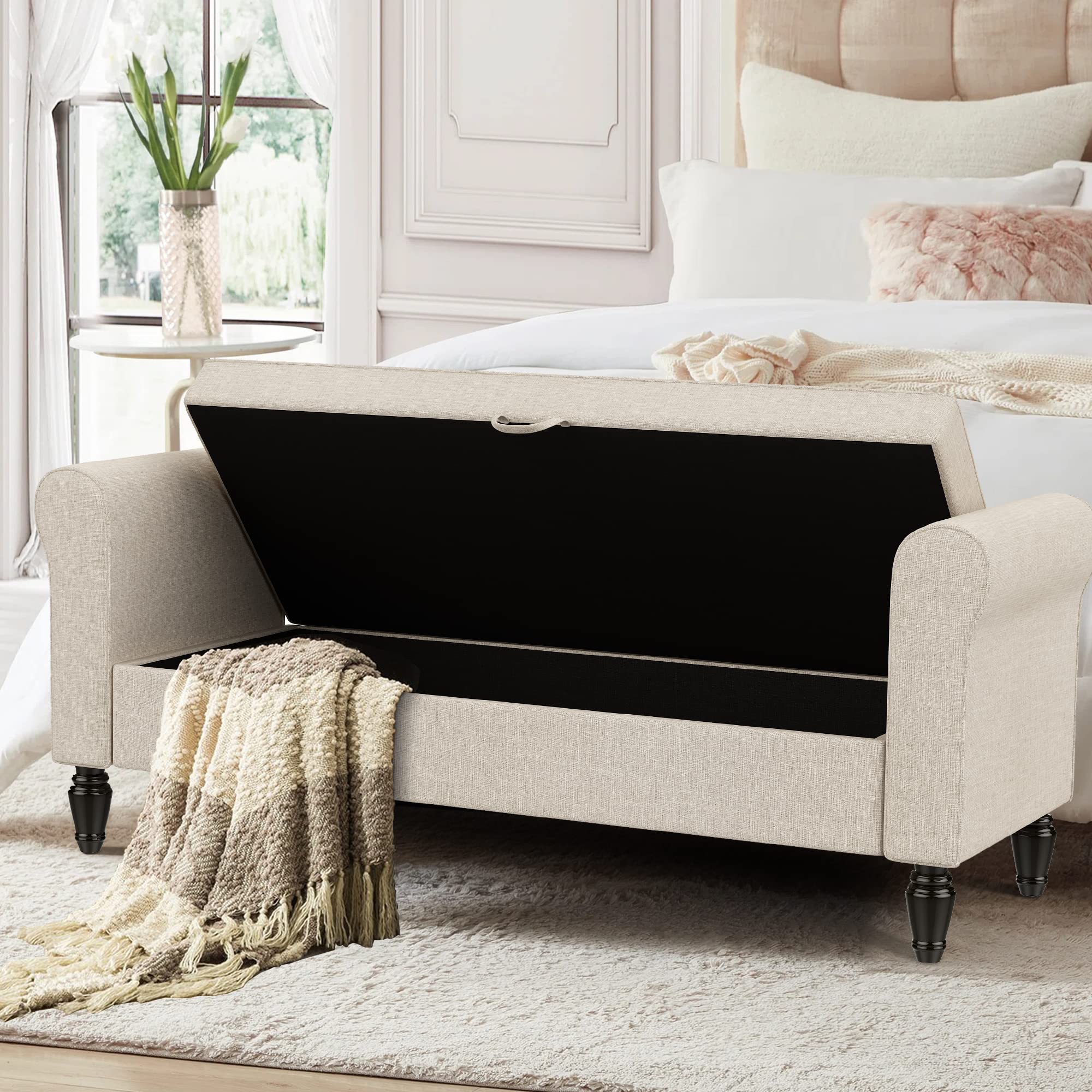 ALISH Modern Storage Bench with Arms, 54“ King Button Tufted Bed Bench Entryway Bench with Storage, Upholstered Bedroom Bench for Living Room Bedroom Light Beige