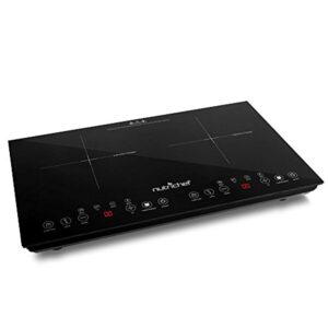 nutrichef double induction cooktop - portable 120v digital ceramic dual burner w/ kids safety lock - works with flat cast iron pan,1800 watt,touch sensor control, 12 controls - pkstind48, black