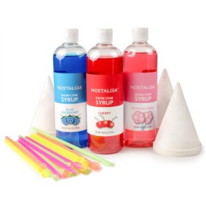 nostalgia premium snow cone party kit, 3 syrups, blue raspberry, cherry, cotton candy, 20 cups & spoon straws