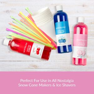 Nostalgia Premium Snow Cone Party Kit, 3 Syrups, Blue Raspberry, Cherry, Cotton Candy, 20 Cups & Spoon Straws