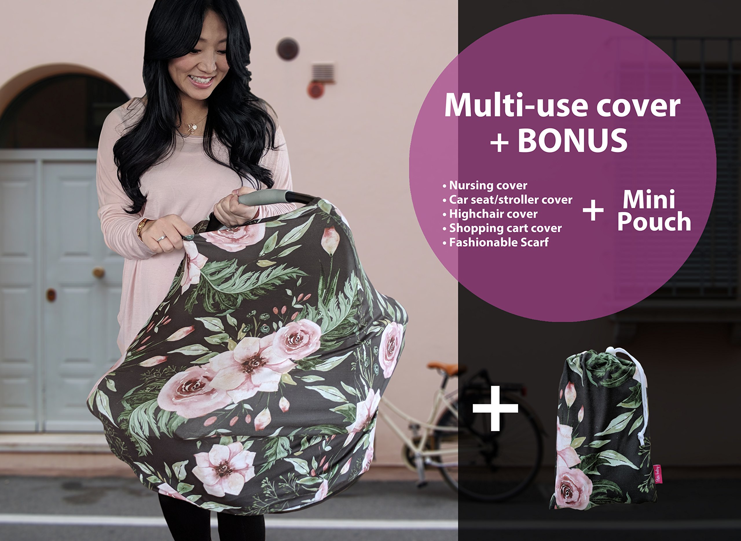 Pobi Baby Car Seat Covers and Nursing Cover - Soft and Stretchy Floral Pattern (Charm)