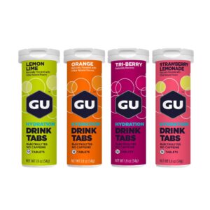 gu energy hydration electrolyte drink tablets, vegan, gluten free & caffeine free, enhanced endurance sports drink for running, cycling, triathlon, 4-count (48 servings), assorted flavors