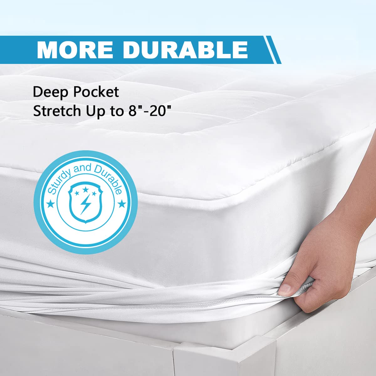 Twin Mattress Pad Cover Top with Stretches to 18” Deep Pocket Fits Up to 8”-21” Cooling White Bed Topper (Down Alternative, Twin Size)