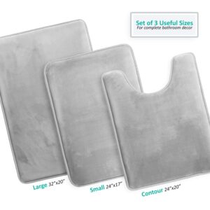 Clara Clark 3 Piece Bathroom Rugs Bath Mat Set, Velvet Memory Foam Bath Mats for Bathroom - Non-Slip, PVC Backing Bath Rugs, Washable Bathroom Rug Mats - Dries Quickly, Silver Bathroom Rug Set