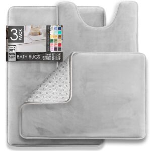 Clara Clark 3 Piece Bathroom Rugs Bath Mat Set, Velvet Memory Foam Bath Mats for Bathroom - Non-Slip, PVC Backing Bath Rugs, Washable Bathroom Rug Mats - Dries Quickly, Silver Bathroom Rug Set